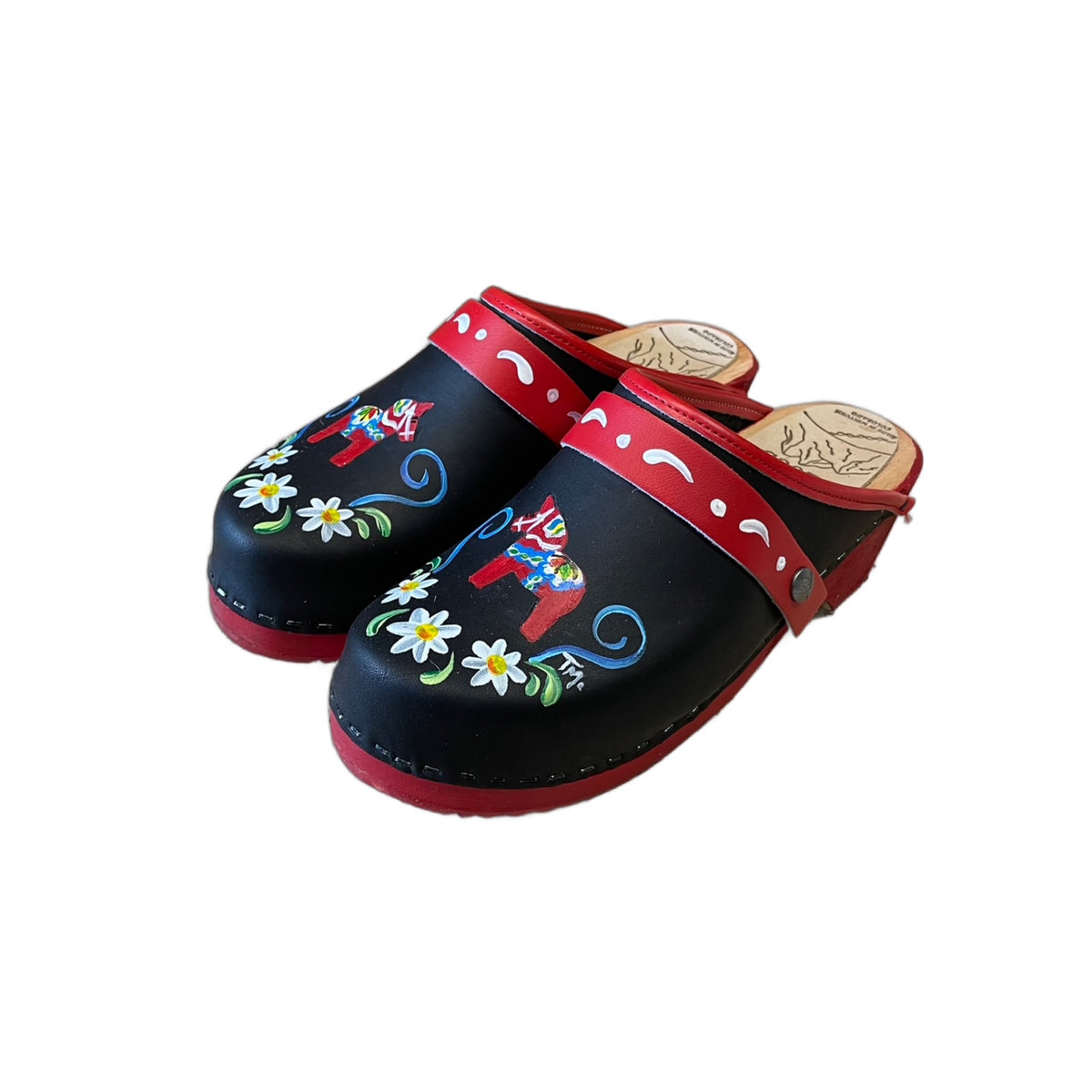 Traditional Heel Black/Red Dalahorse Daisy – Tessa Clogs / Swedish Clog ...