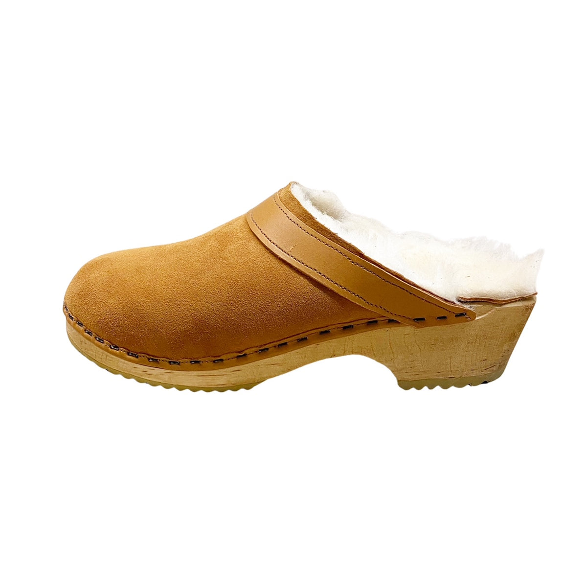 Traditional Heel Fully Lined Saddle Tan Shearling Clogs – Tessa Clogs ...