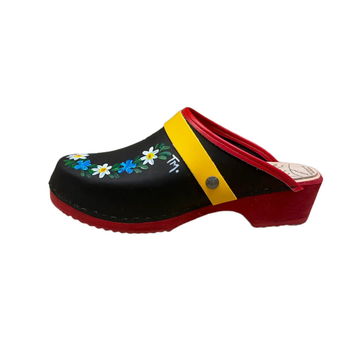 Traditional Heel Black/Red Cornflower Daisy – Tessa Clogs / Swedish ...