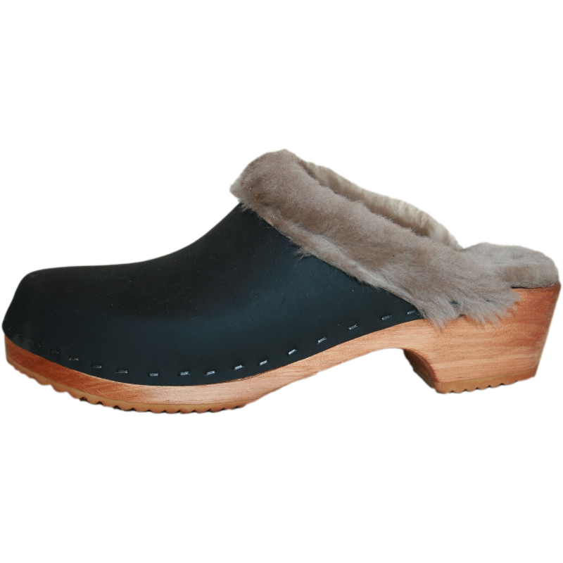 Men's Black Oil Tanned Leather Clogs with Beige Sheepskin Shearling ...