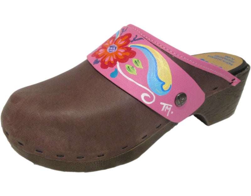 Flex Hand Painted Tessa Clog in Brown Oil with Hot Pink Petra Strap ...