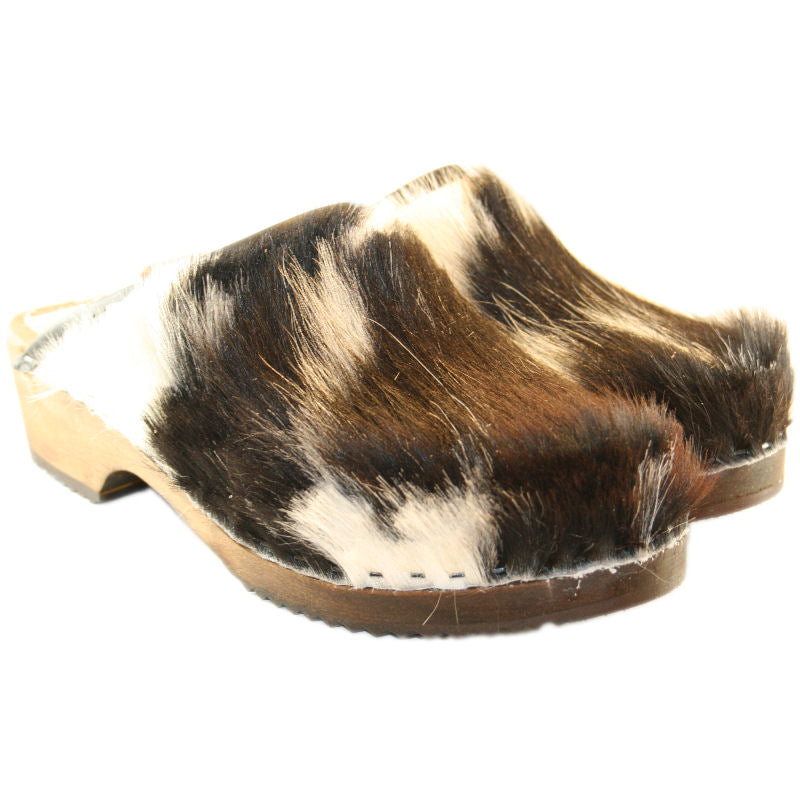 Traditional Heel Furry Tri Colored Cow – Tessa Clogs / Swedish Clog Cabin