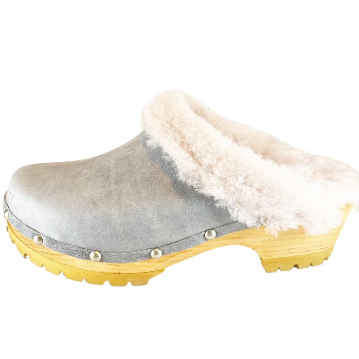 Shearling Lined Denim Blue Oil Tanned Mountain Sole Clogs – Tessa Clogs ...