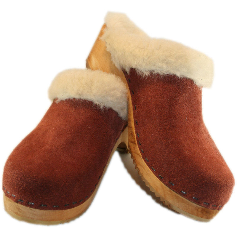 Traditional Heel Rust Suede Shearling – Tessa Clogs / Swedish Clog Cabin