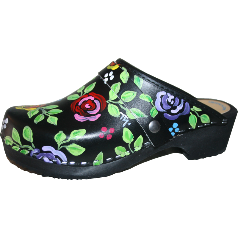 Traditional Heel Black Brocade Rose – Tessa Clogs / Swedish Clog Cabin